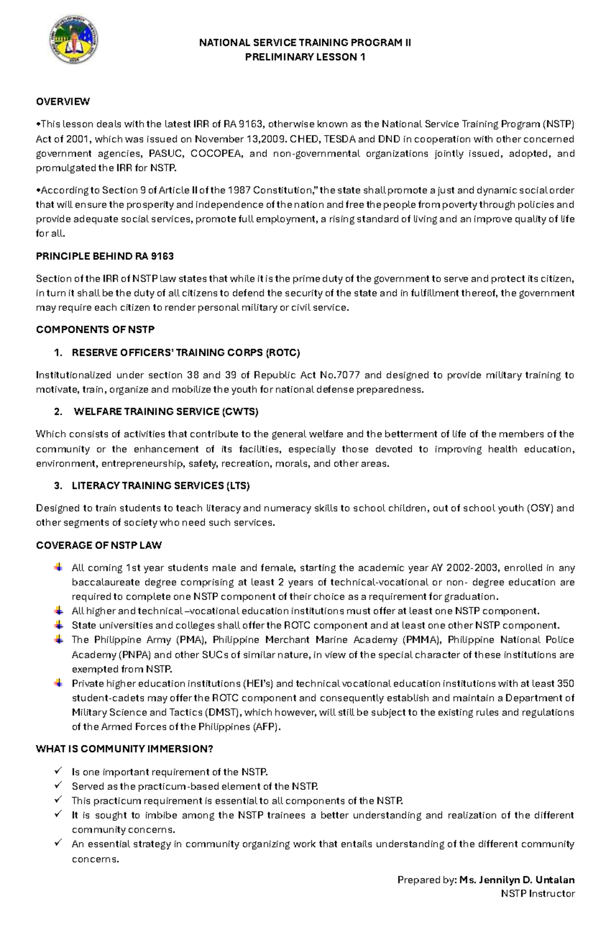 NSTP II Lesson 1 - NATIONAL SERVICE TRAINING PROGRAM II PRELIMINARY ...