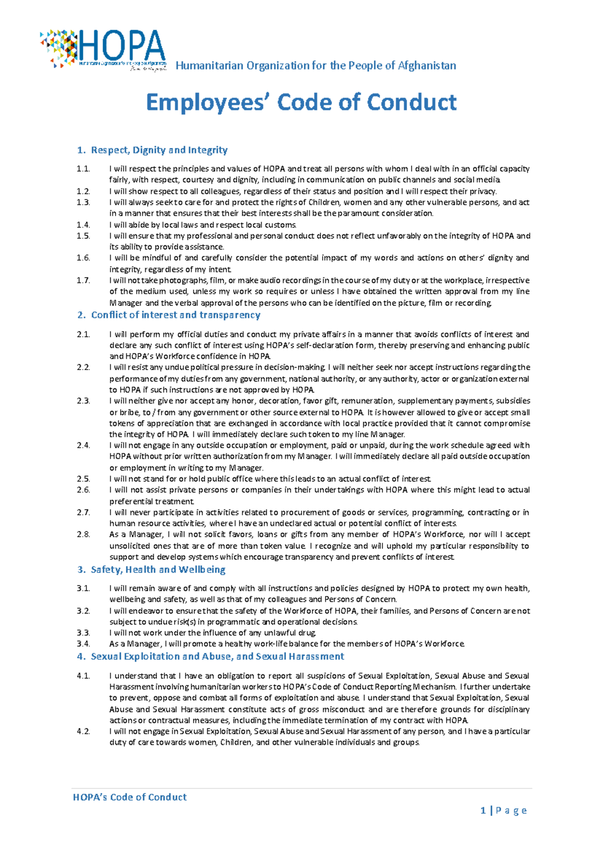 Employees' Code of Conduct - Humanitarian Organization for the People ...