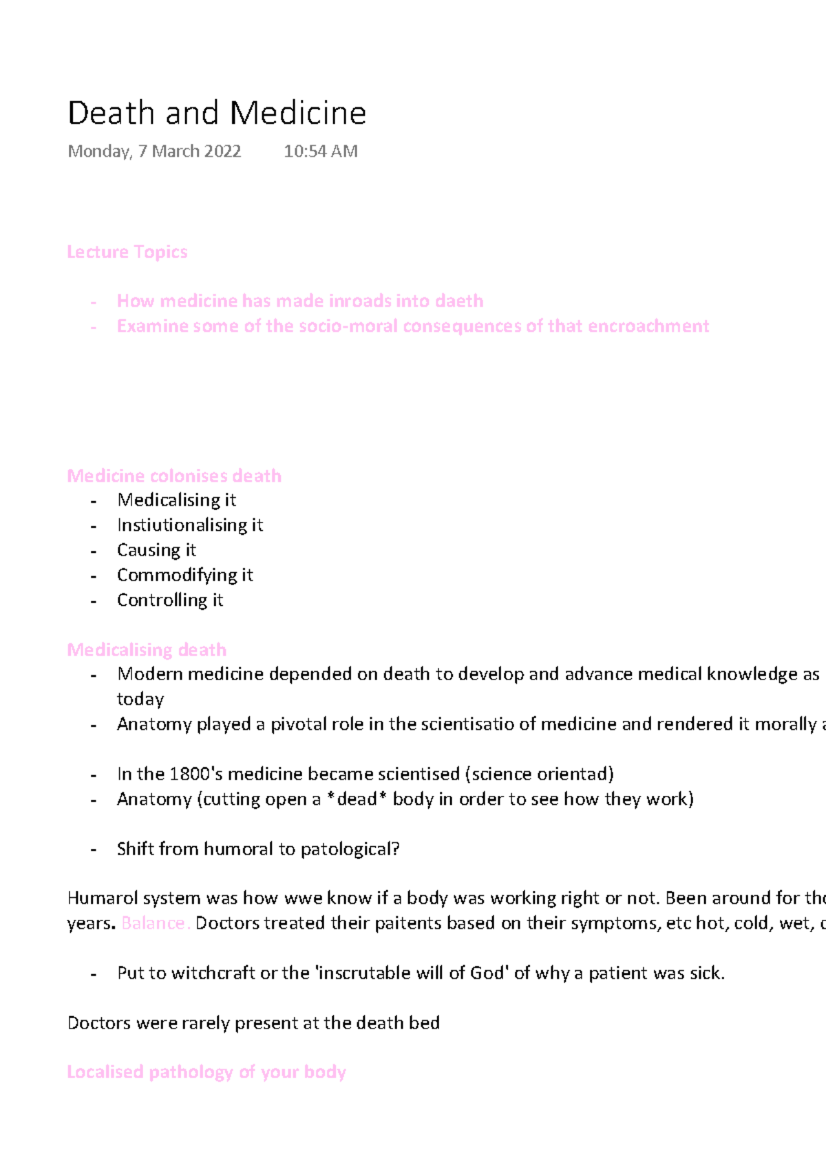 Lect 5 Notes - Death and Medicine - Lecture Topics How medicine has ...