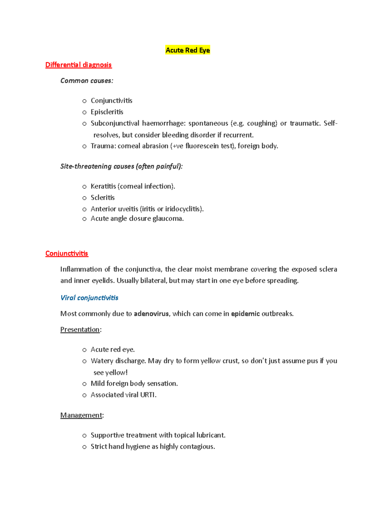 Acute red eye - Lecture notes 1 - Acute Red Eye Differential diagnosis ...