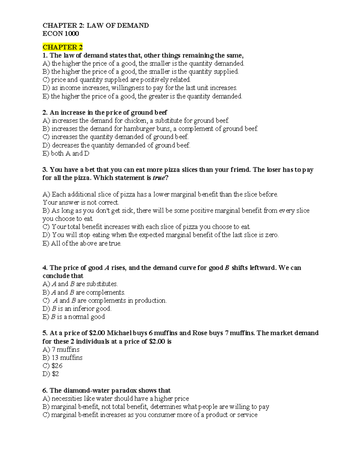 Chapter 2 Worksheet - ECON 1000 CHAPTER 2 The law of demand states that ...