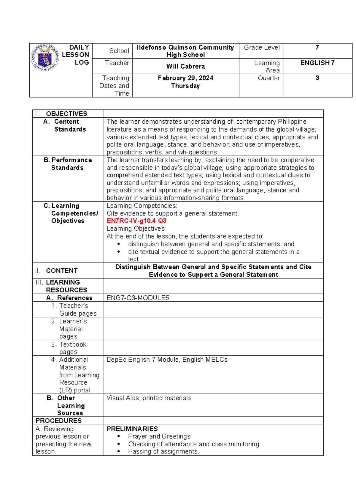 English 7 Module 5 - DAILY LESSON LOG School Ildefonso Quimson ...