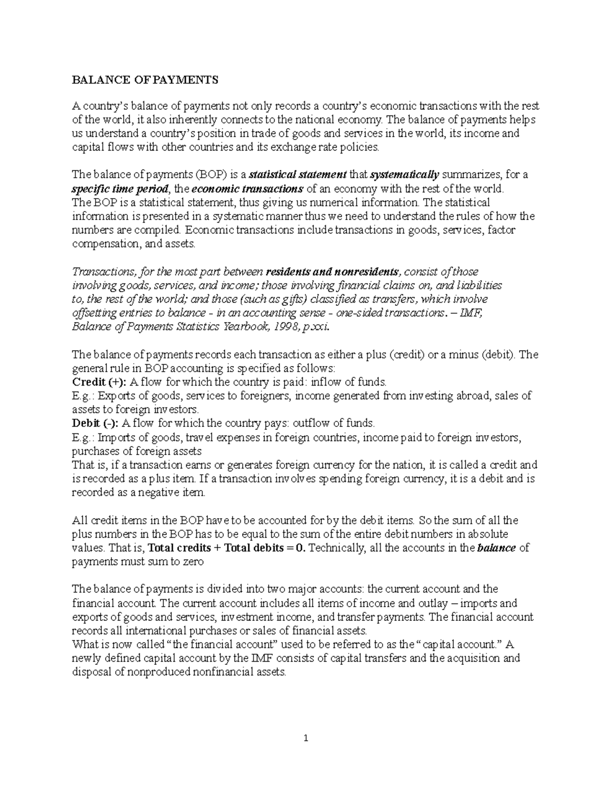 BOP and integration notes - BALANCE OF PAYMENTS A country’s balance of ...