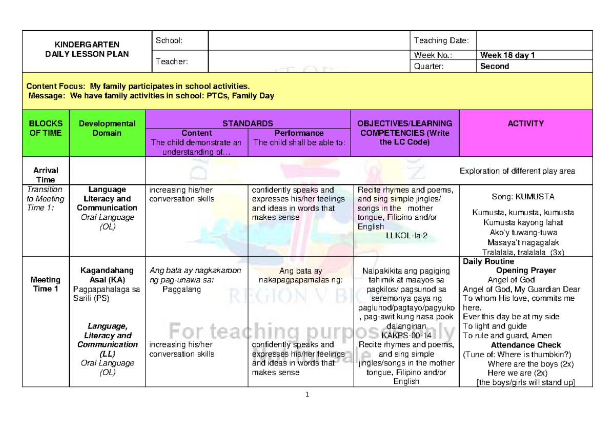 Kinder DLP WEEK 18 DAY 1-5 with IM S - Song: KUMUSTA Kumusta, kumusta, kumusta Kumusta kayong ...