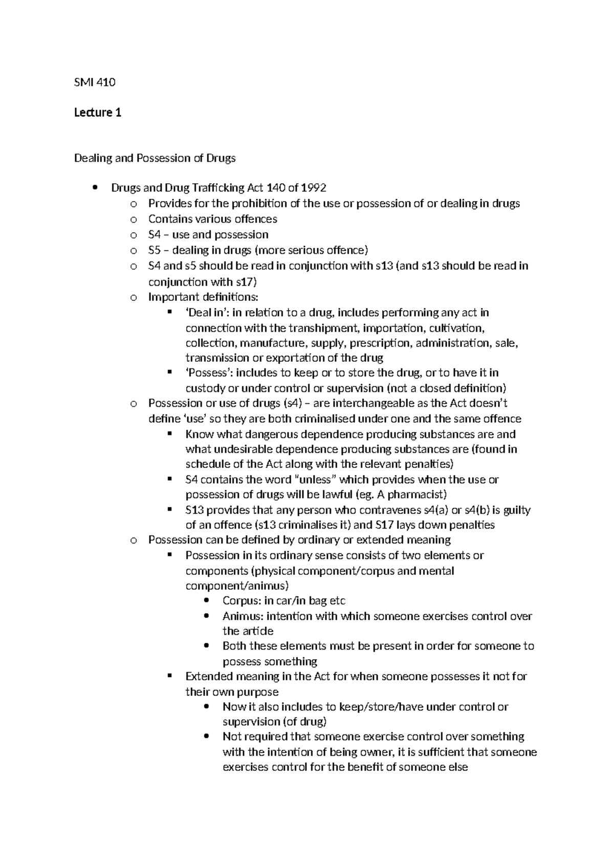 SMI 410 Lecture Notes - SMI 410 Lecture 1 Dealing and Possession of ...