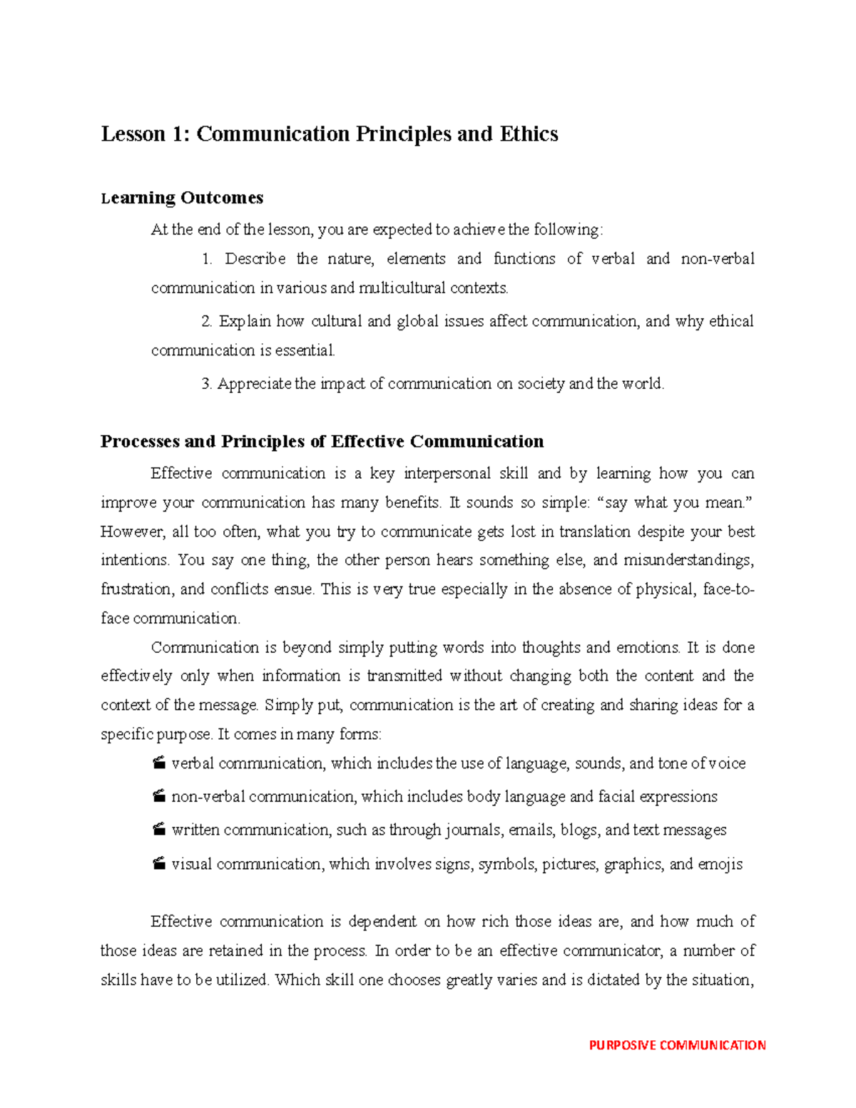 WEEK 1 Lesson 1 Purposive Communication - Lesson 1: Communication ...