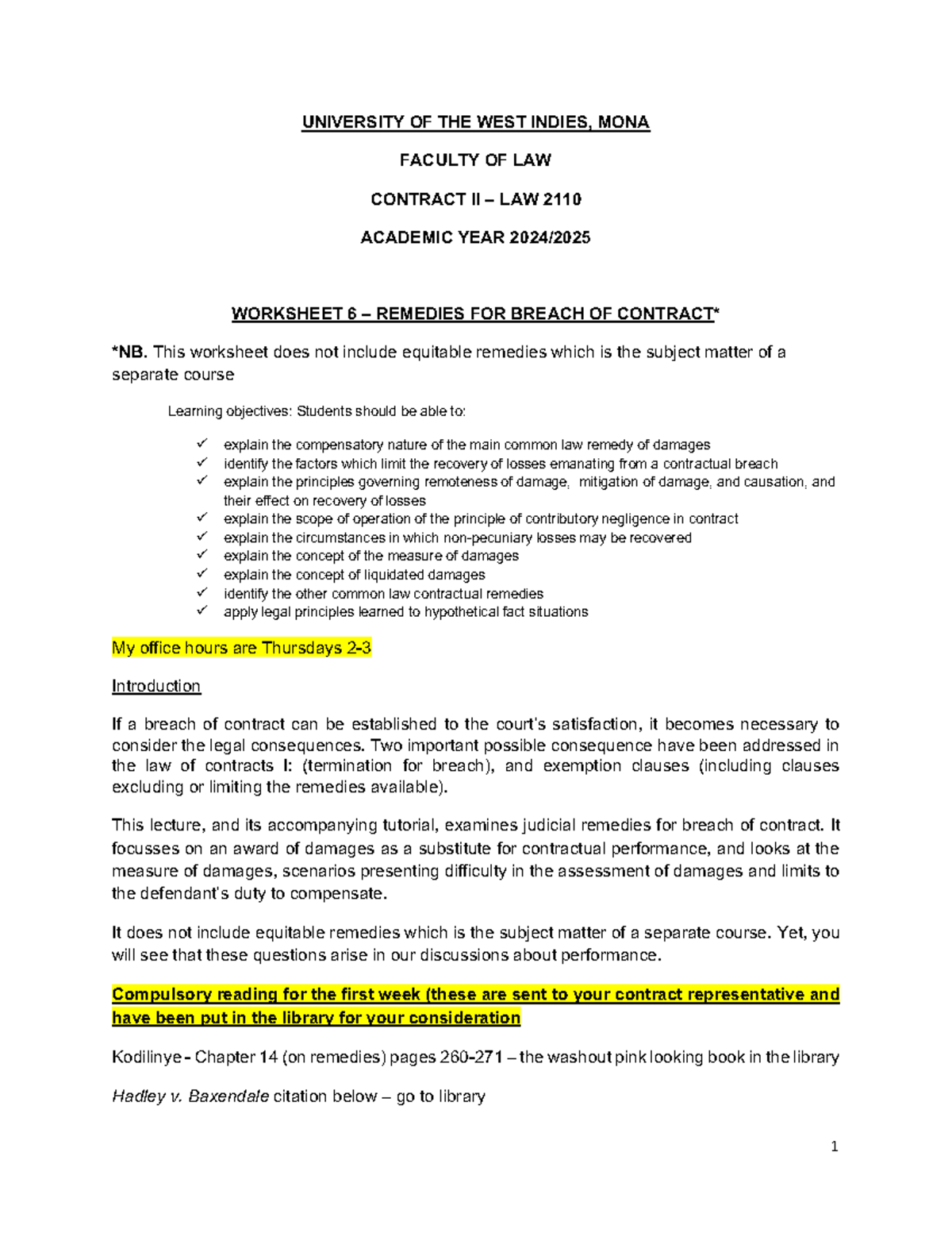 Contract Worksheet 1 - Contract 2 - UNIVERSITY OF THE WEST INDIES, MONA ...