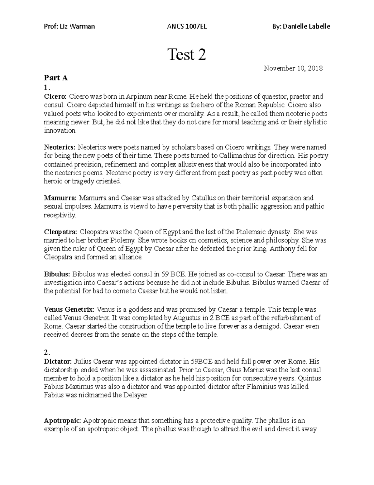 Test 2 2018, questions and answers - Prof: Liz Warman ANCS 1007EL By ...