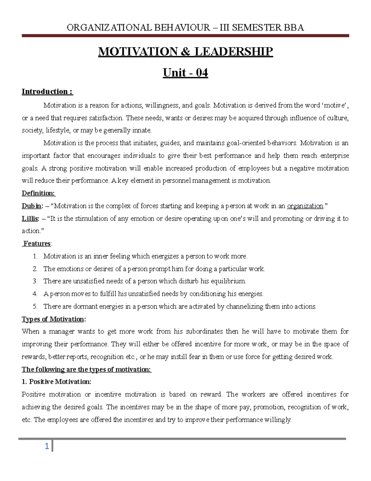 Motivation and Leadership Unit 4 - MOTIVATION & LEADERSHIP Unit - 04 ...
