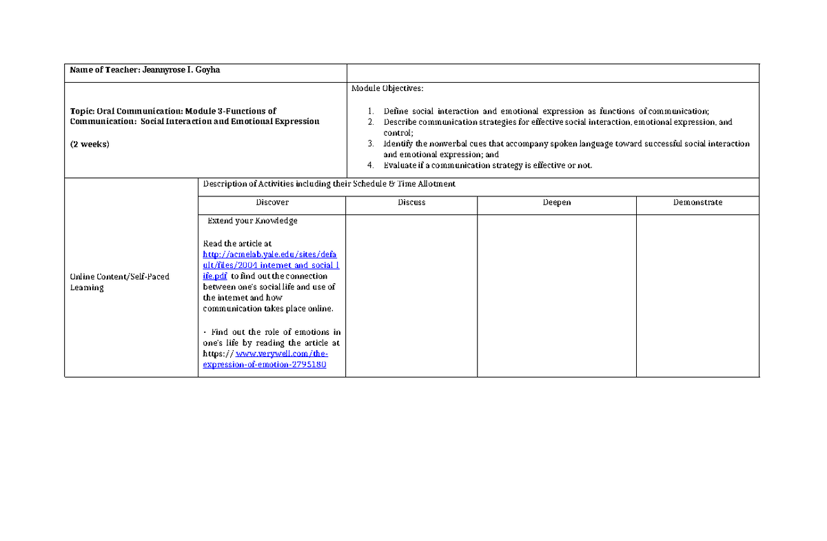 ORAL COM 3 1 - Lecture Notes for Oral Communication - Name of Teacher ...