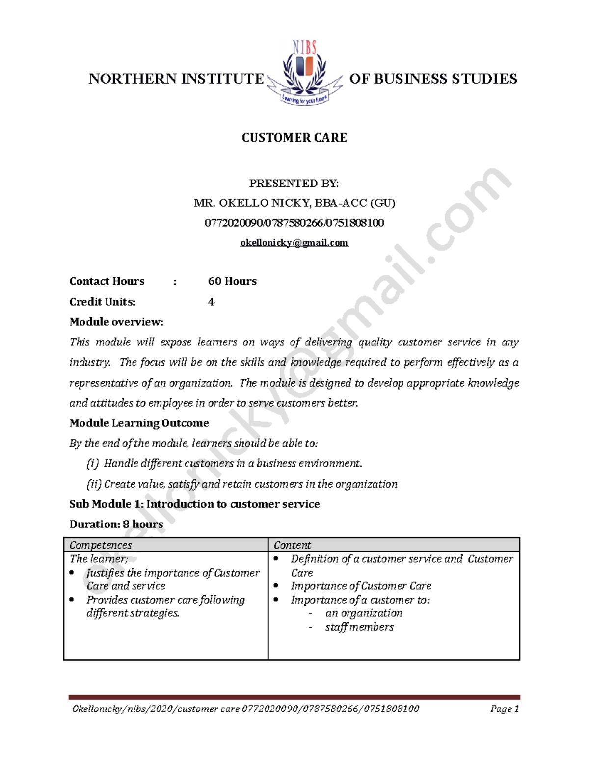 Customer care notes - NORTHERN INSTITUTE OF BUSINESS STUDIES CUSTOMER ...