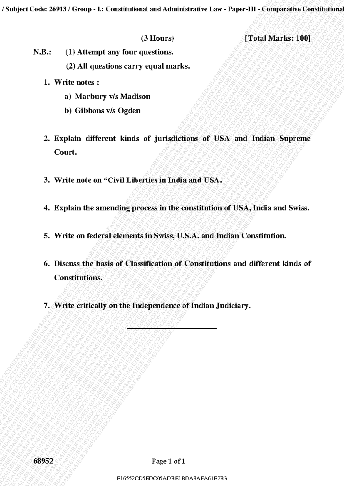 QUESTION PAPER COMPARATIVE CONSTITUTIONAL LAW - 68952 Page 1 of 1 (3 ...