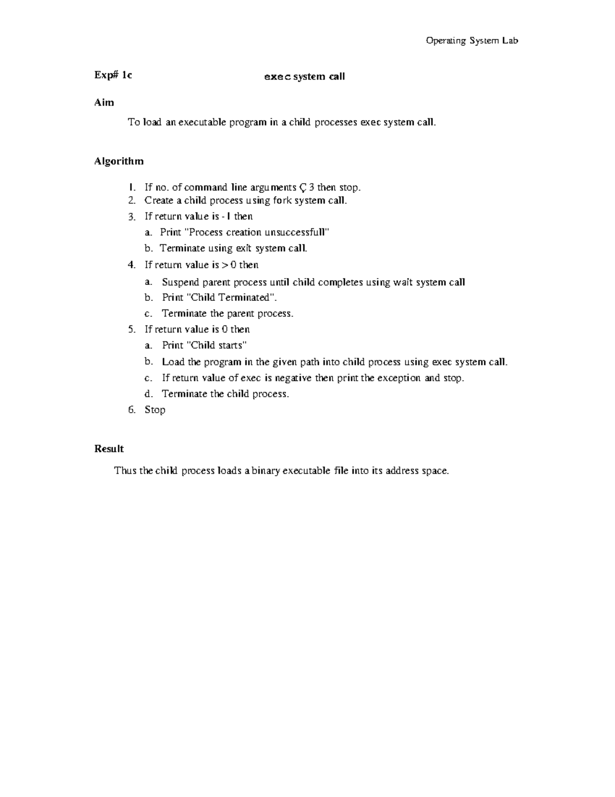 Lab Assignment 3 Operating System Lab Exp 1c Exec System Call Aim To