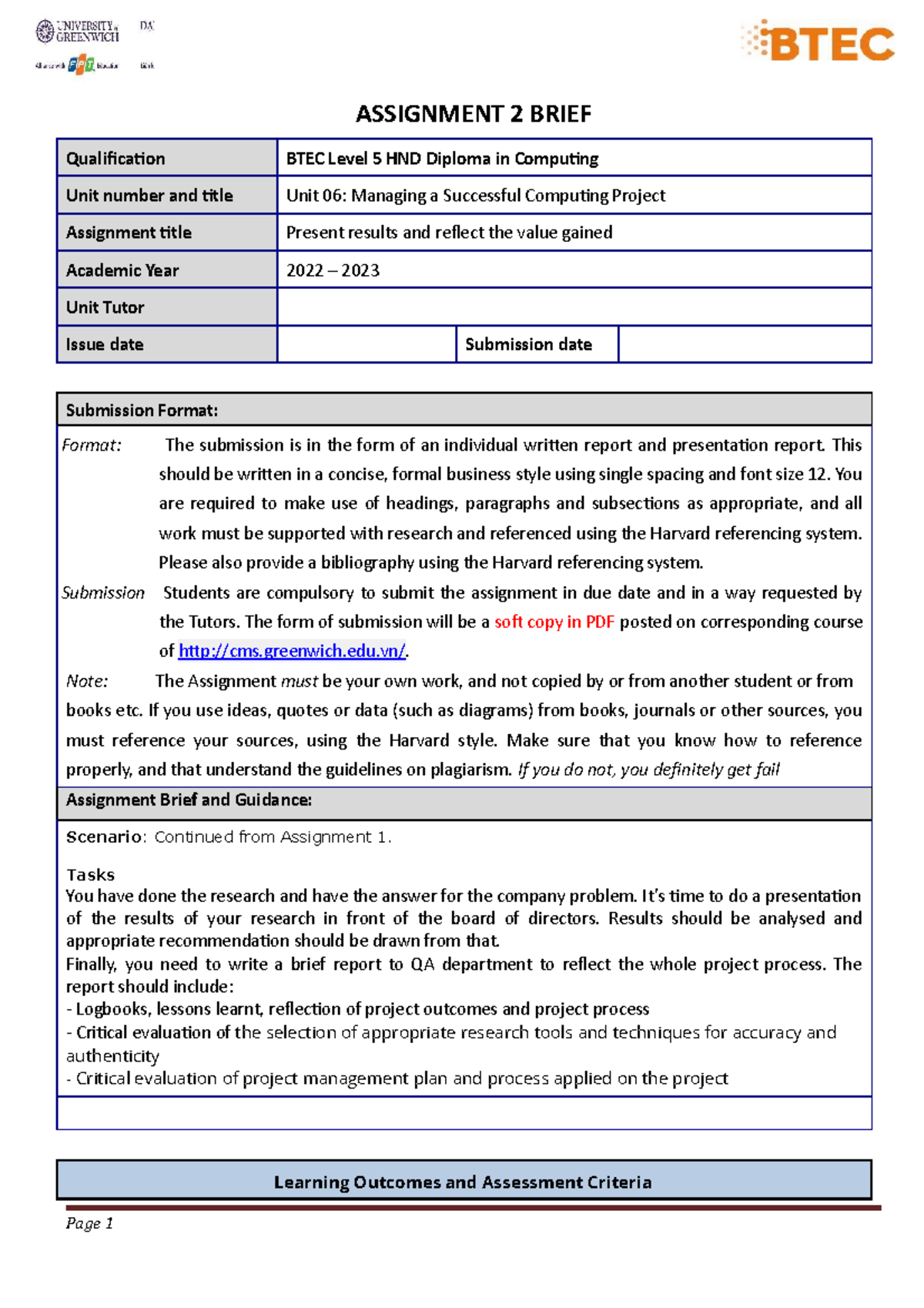 2-Managing Computer Porject - ASSIGNMENT 2 BRIEF Qualification BTEC ...