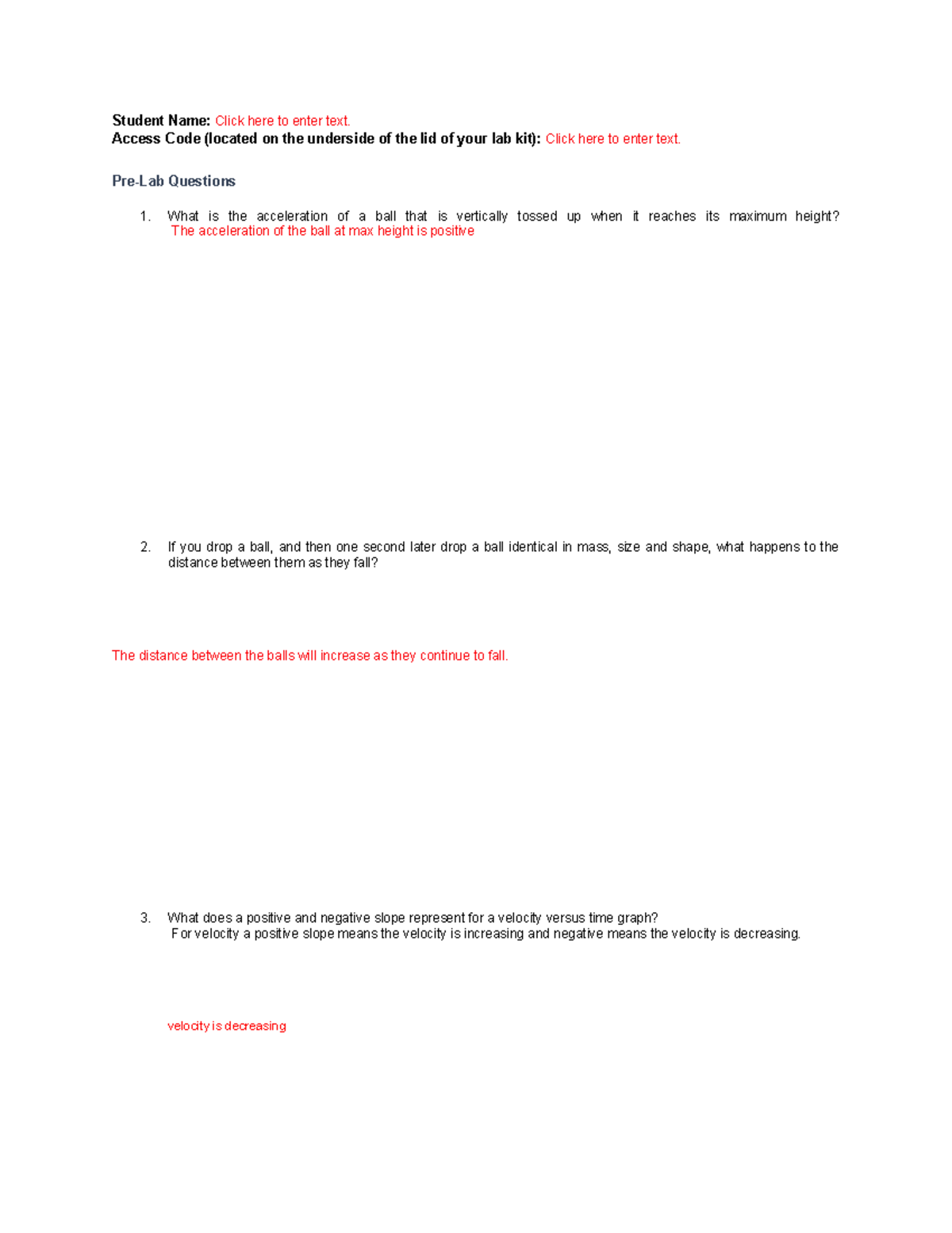 lab 2 PHY250 L kinematics - Student Name: Click here to enter text. Access Code (located on the ...