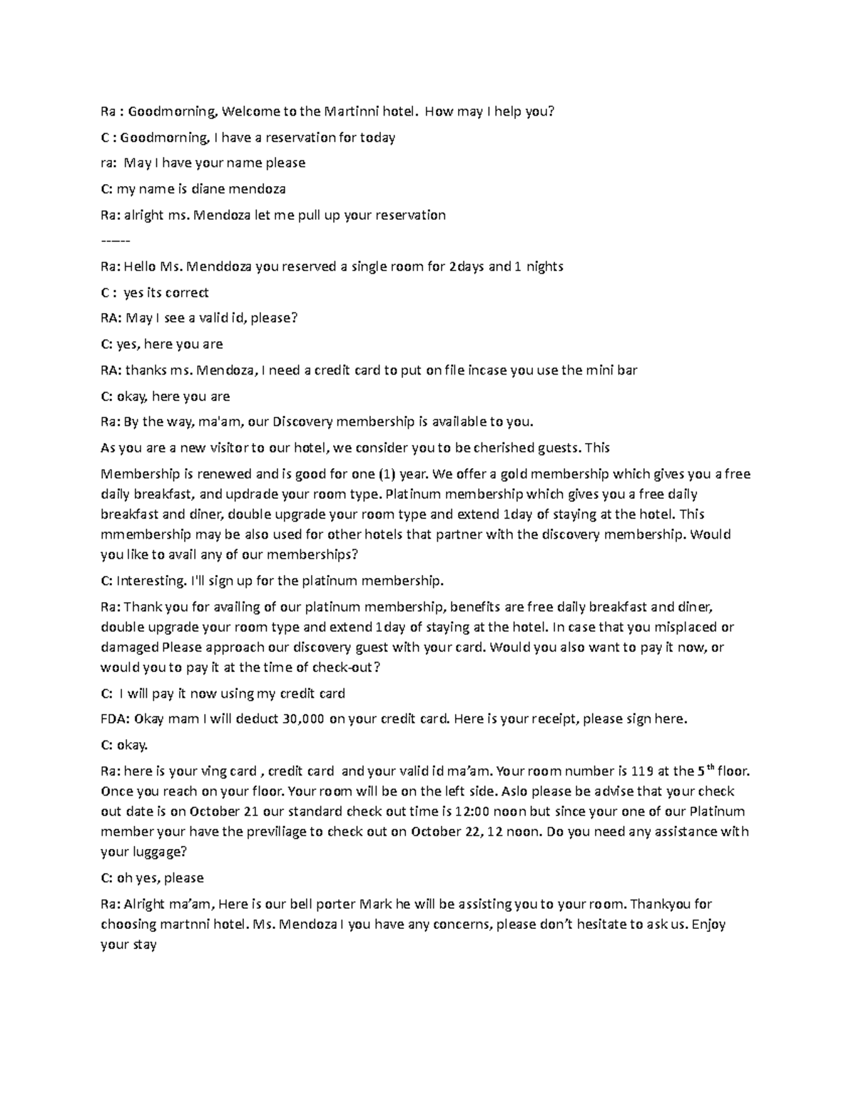 Check IN - FRONT OFFICE - Ra : Goodmorning, Welcome to the Martinni ...