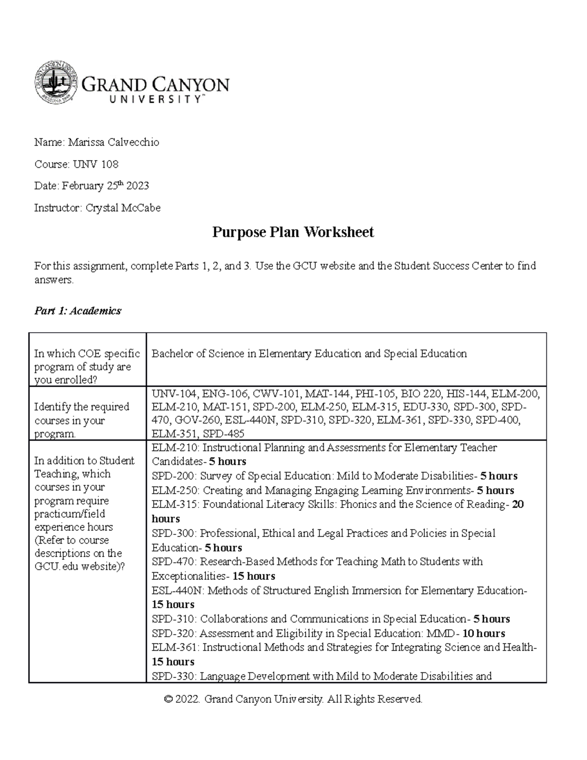 Purpose Plan - Name: Marissa Calvecchio Course: UNV 108 Date: February 25th 2023 Instructor ...