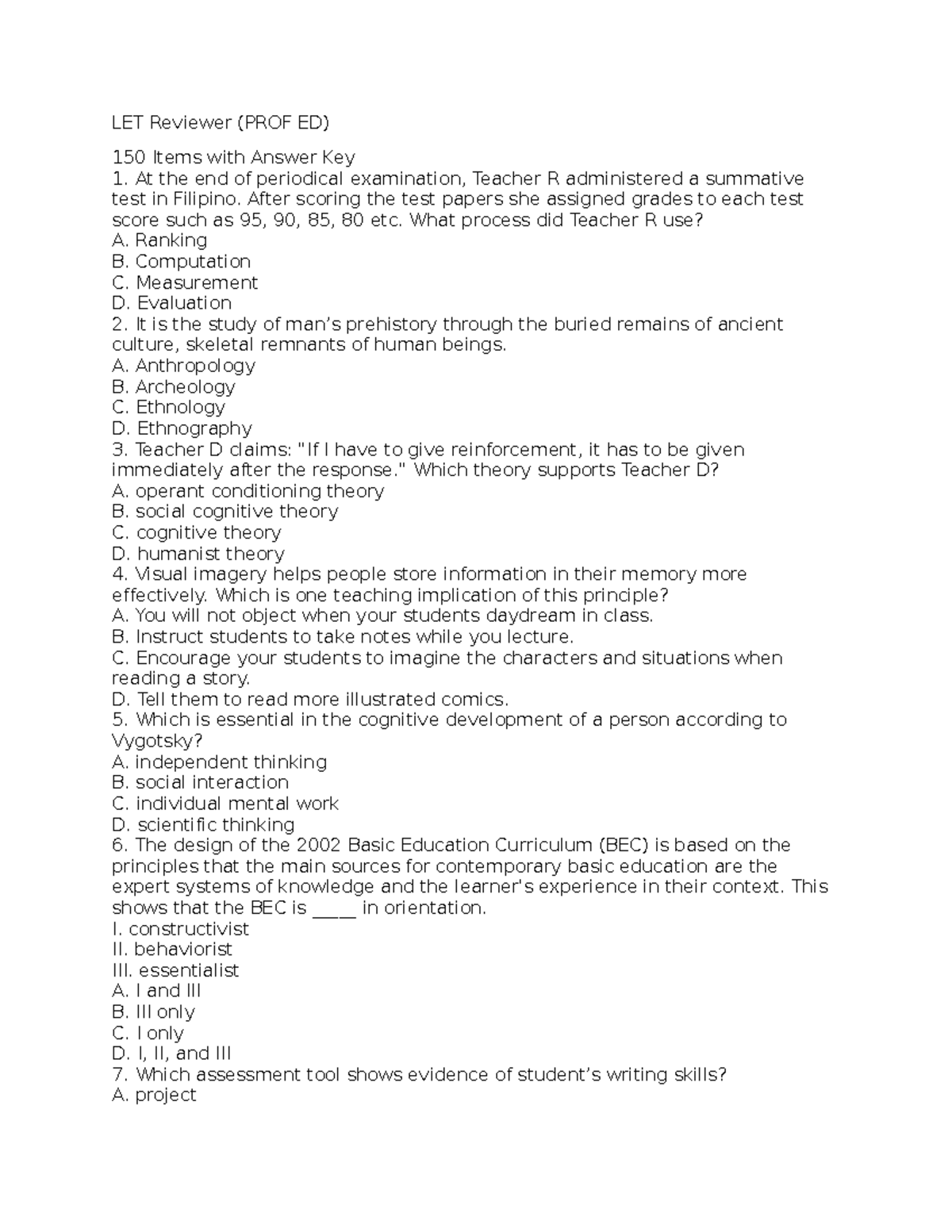 LET Reviewer (PROF ED) - LET'S LEARN - LET Reviewer (PROF ED) 150 Items ...