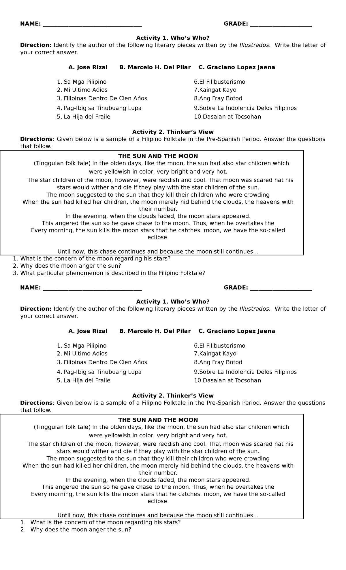 21ST QUIZ - QUIZ - NAME: ___________________________________ GRADE