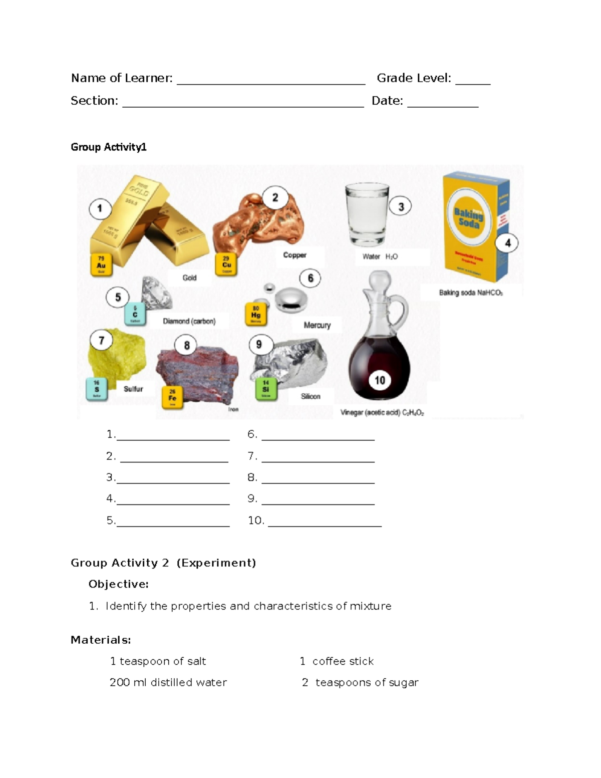 Activity Sheet Mixtures - Name of Learner ...
