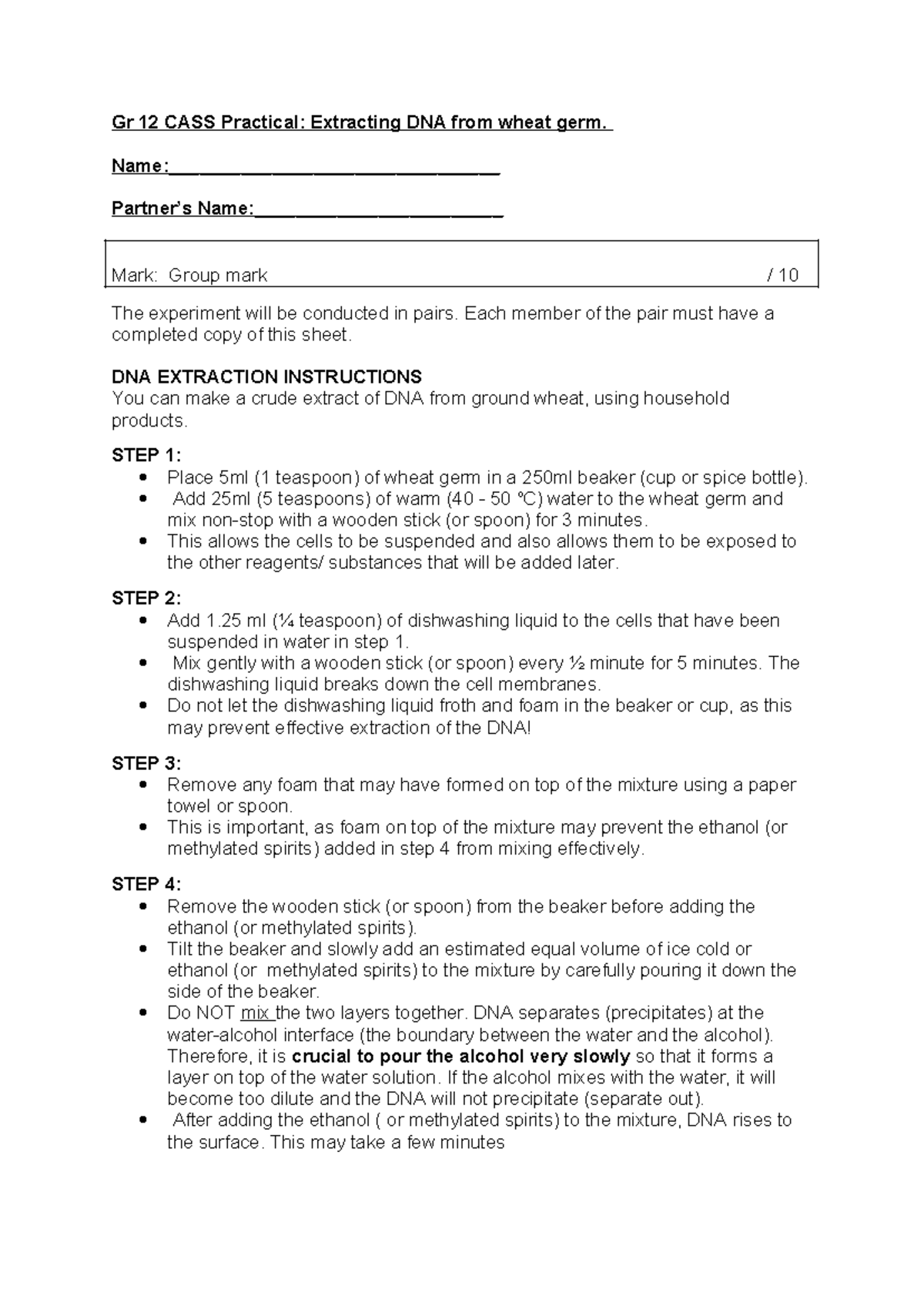 DNAExtraction Practical Instructions - Gr 12 CASS Practical: Extracting ...