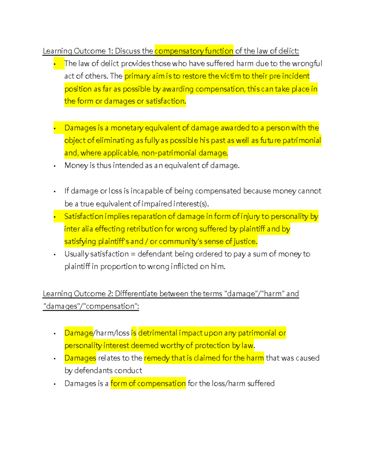 HARM - Summary Law Of Delict - Learning Outcome 1: Discuss the ...