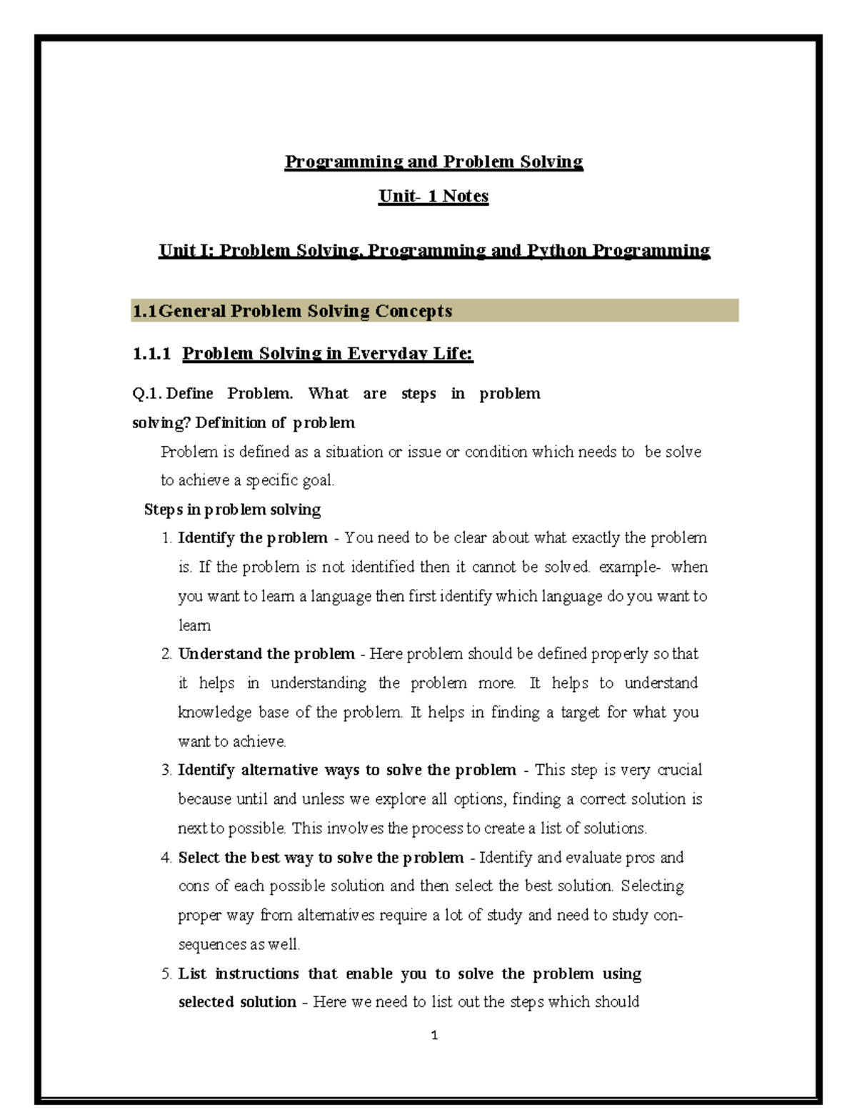 Notes Pps Unit 1 Python S Programming And Problem Solving Unit 1 Notes Unit I Problem