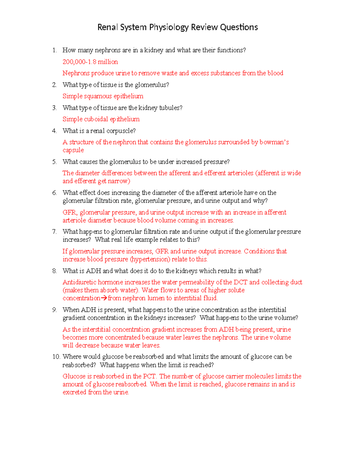 Prelab Renal System Physiology Review Questions - Renal System ...