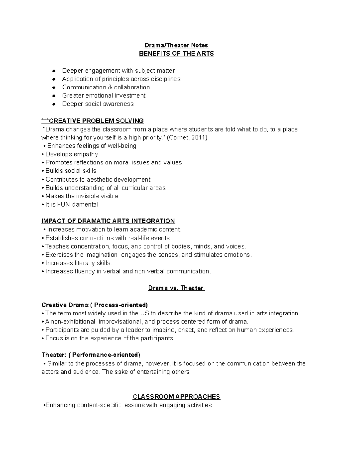 Visual Arts Drama Theater - Drama/Theater Notes BENEFITS OF THE ARTS ...
