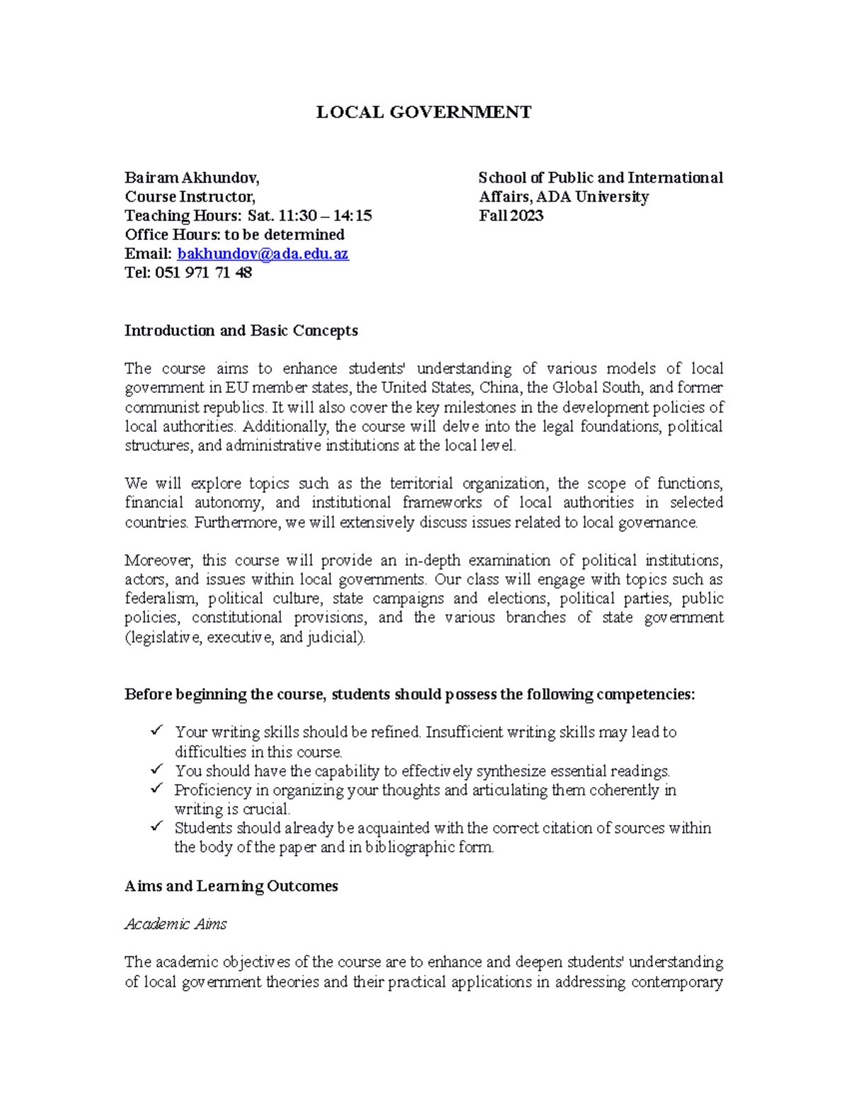 Local government syllabus - LOCAL GOVERNMENT Bairam Akhundov, School of ...