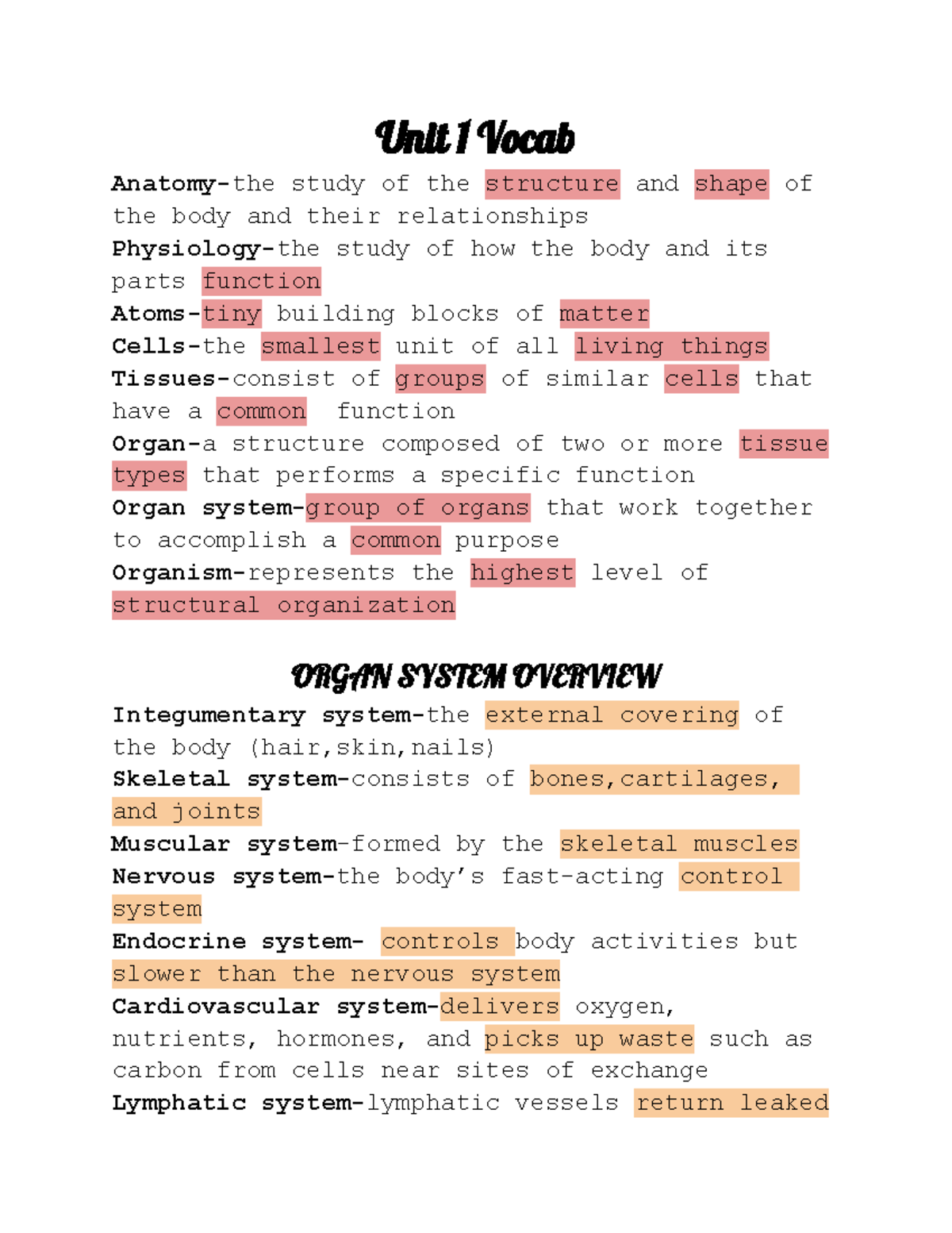 Unit 1 Vocab - Unit 1 Vocab Anatomy-the study of the structure and ...