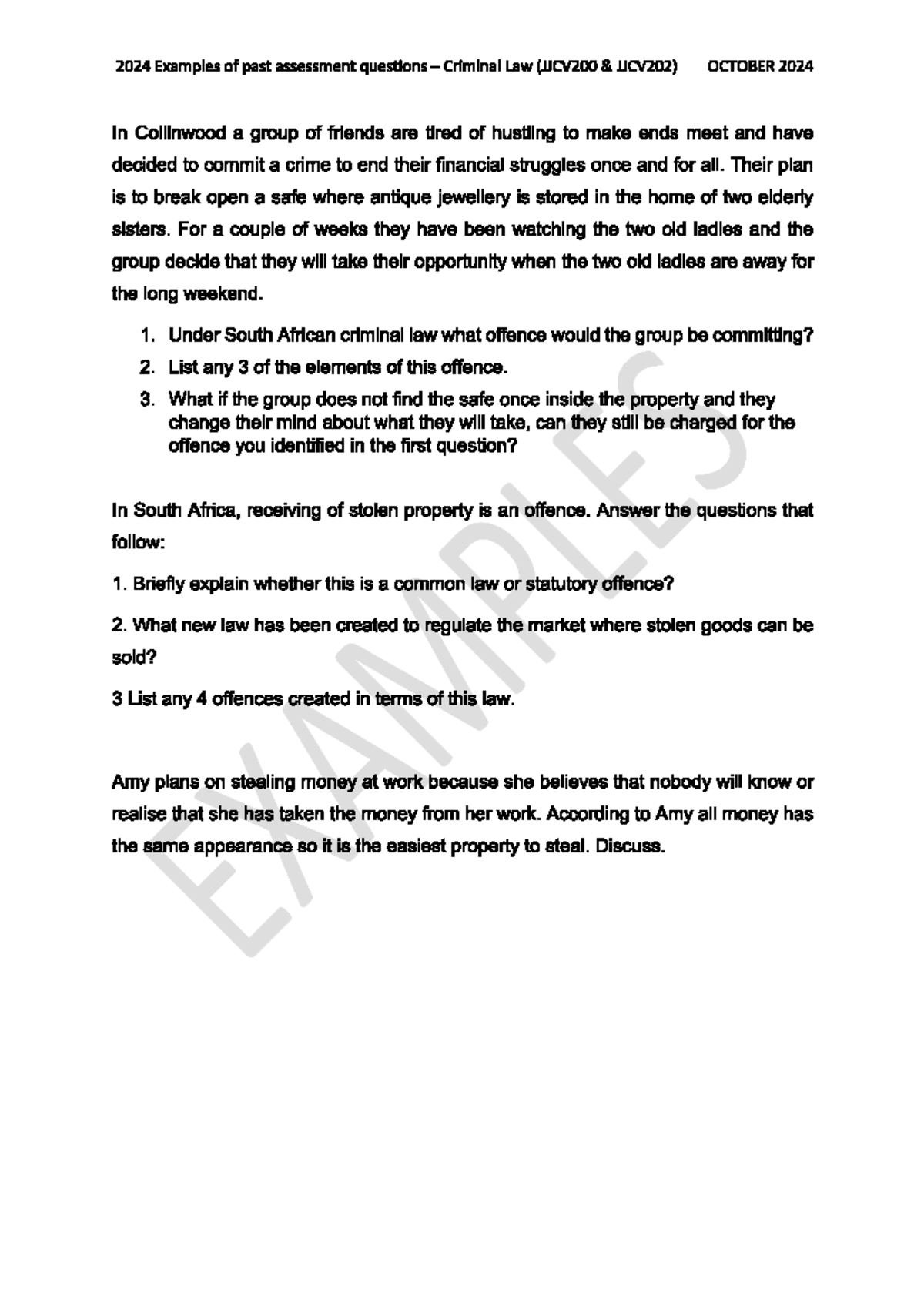 Criminal law questions - 2024 Examples of past assessment questions ...