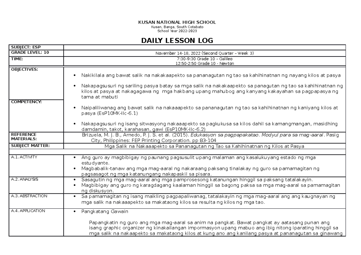 Week 3 - This is a Daily Lesson Log for ESP 10. - KUSAN NATIONAL HIGH ...