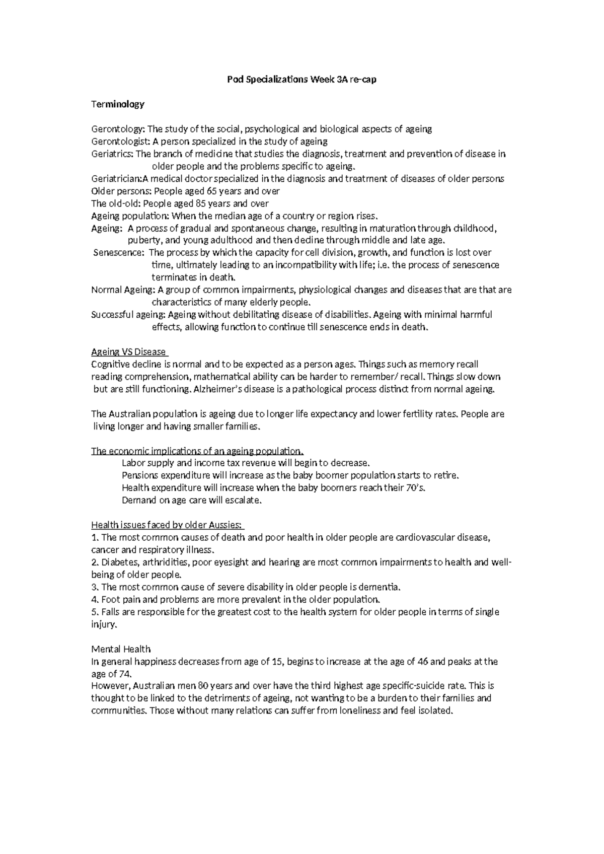 Week 3A and B - Gerontology intro - Pod Specializations Week 3A re-cap ...