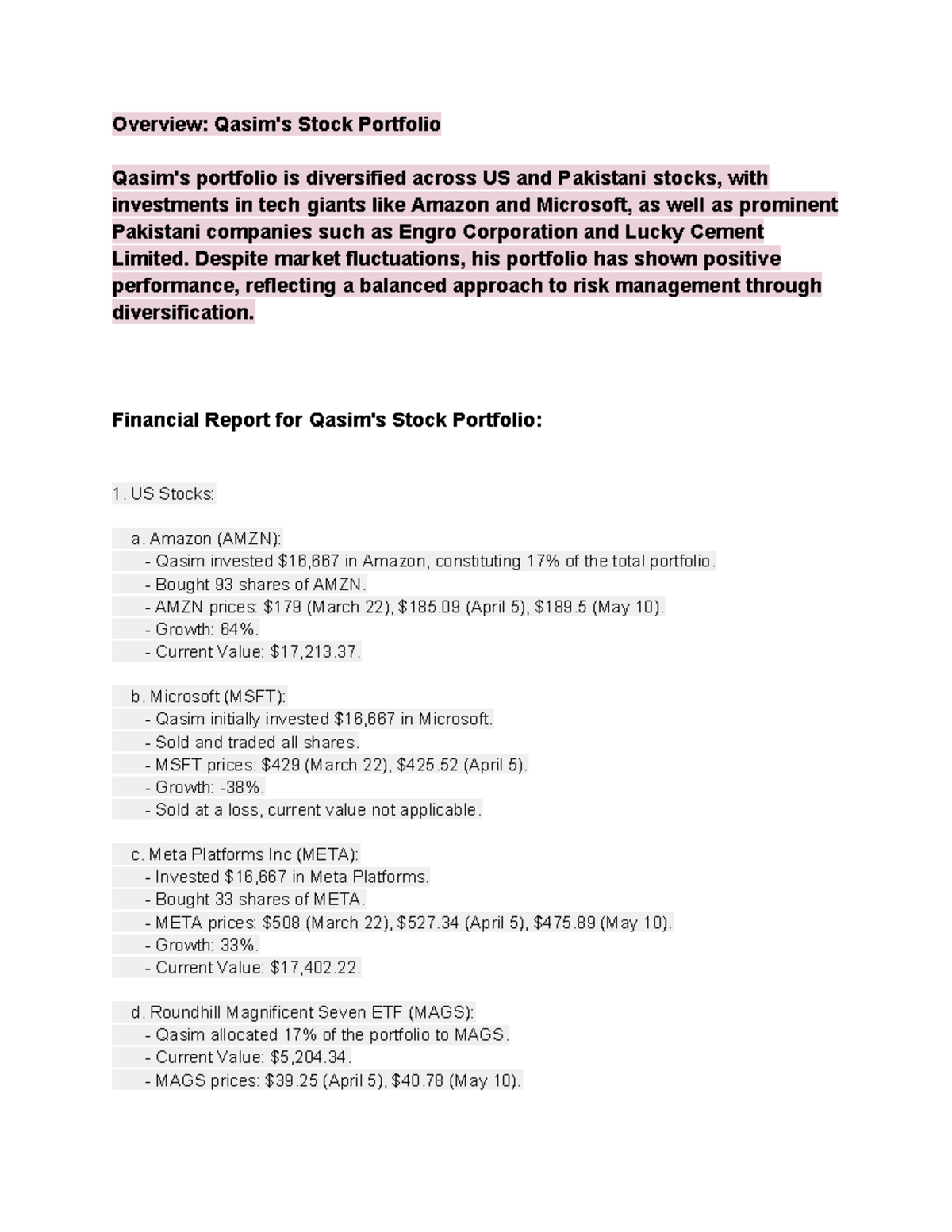 Overview Qasim's Stock Portfolio - Overview: Qasim's Stock Portfolio ...