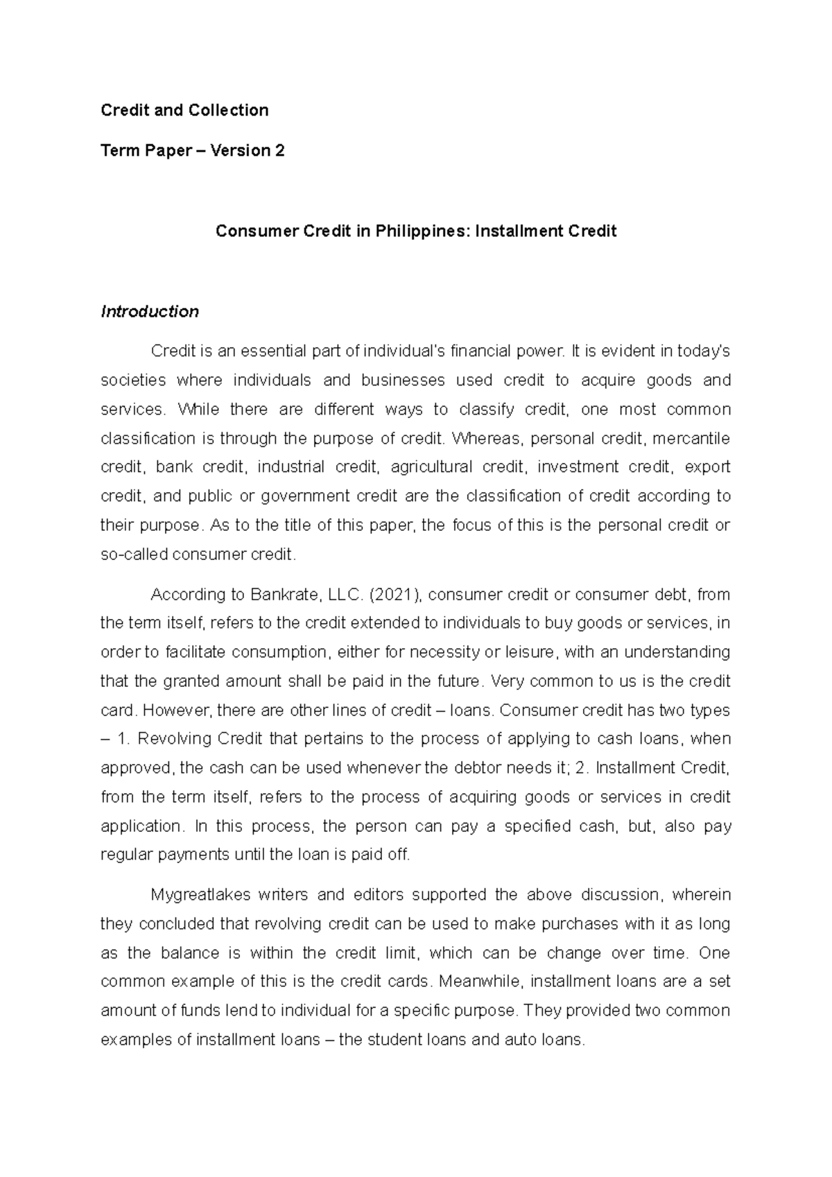 Credit and Collection Term Paper Version 2 - It is evident in today’s ...