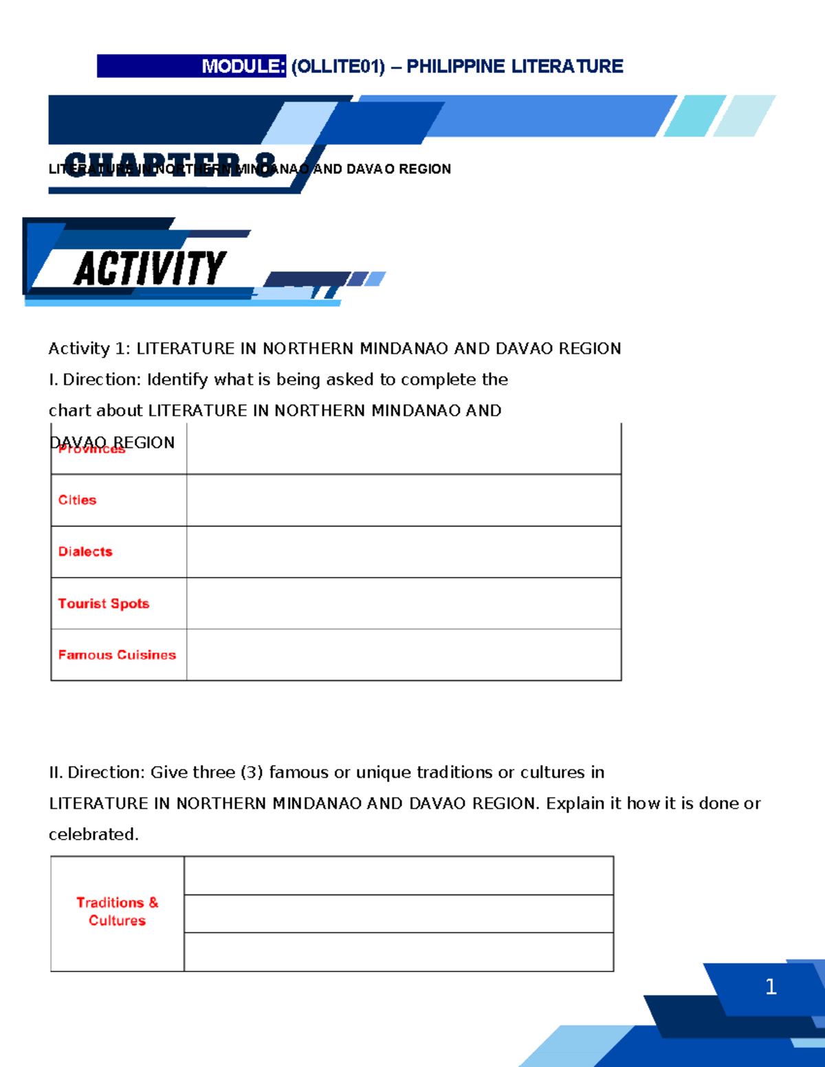 Activity-08 - Purposive Communication - MODULE: (OLLITE01) – PHILIPPINE LITERATURE 1 Activity 1 ...