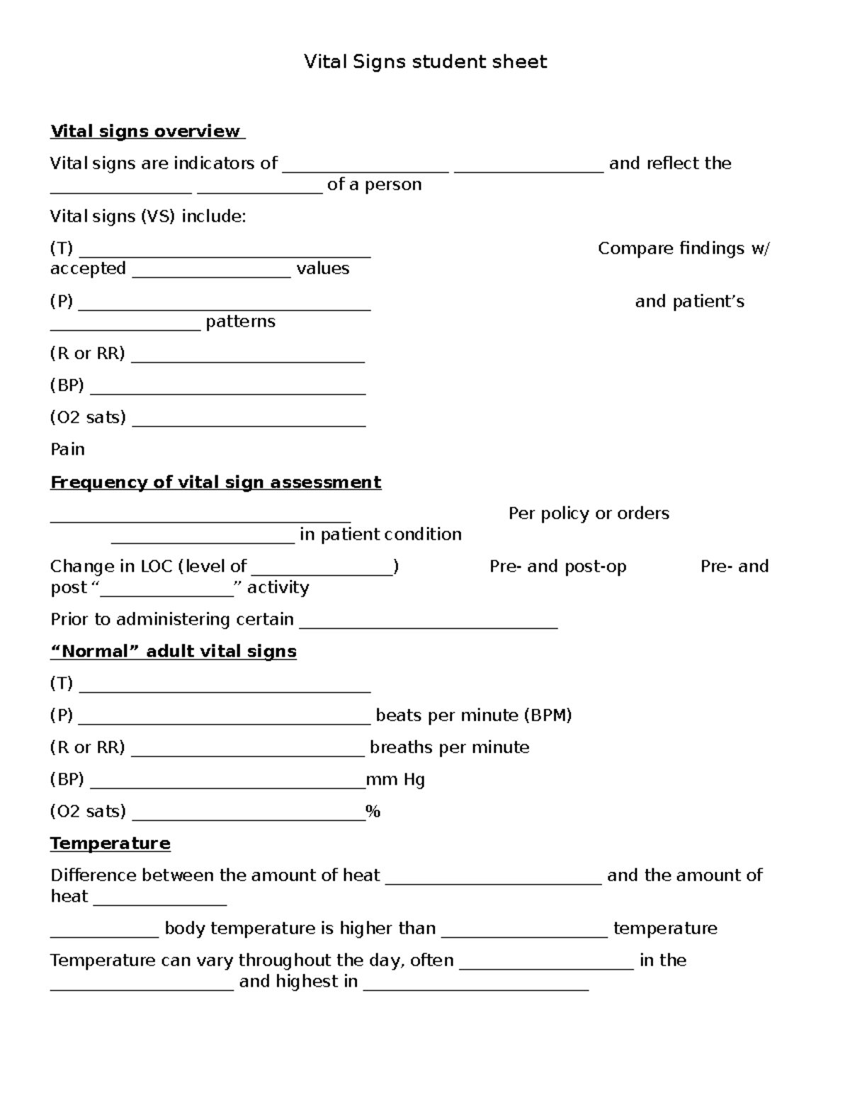 Chap 29 Vital Signs student sheet, study guide - Vital Signs student ...