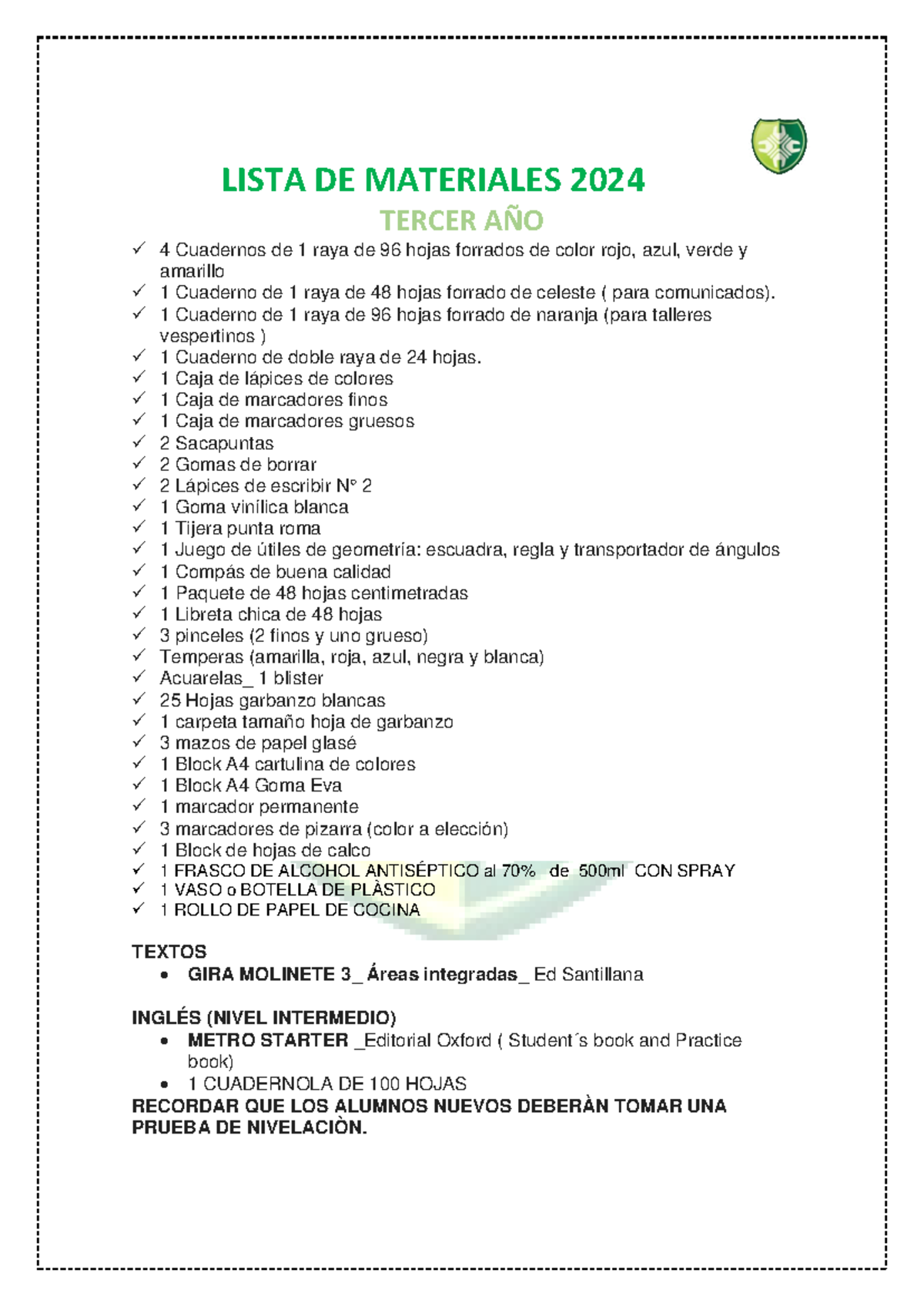 Lista de materiales 2024 3er anio - LISTA DE MATERIALES 202 4 TERCER ...