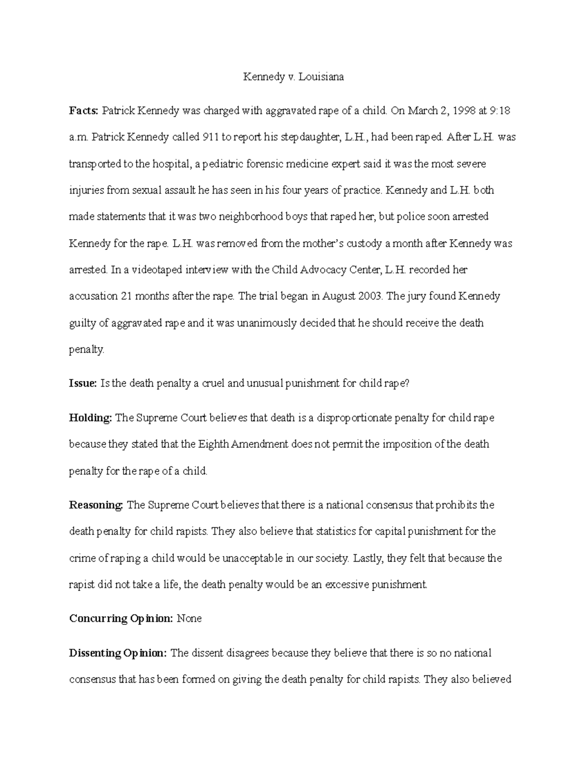 Assignment 1 - Kennedy vs. Louisiana - LAWJ 05401 - Rowan University ...