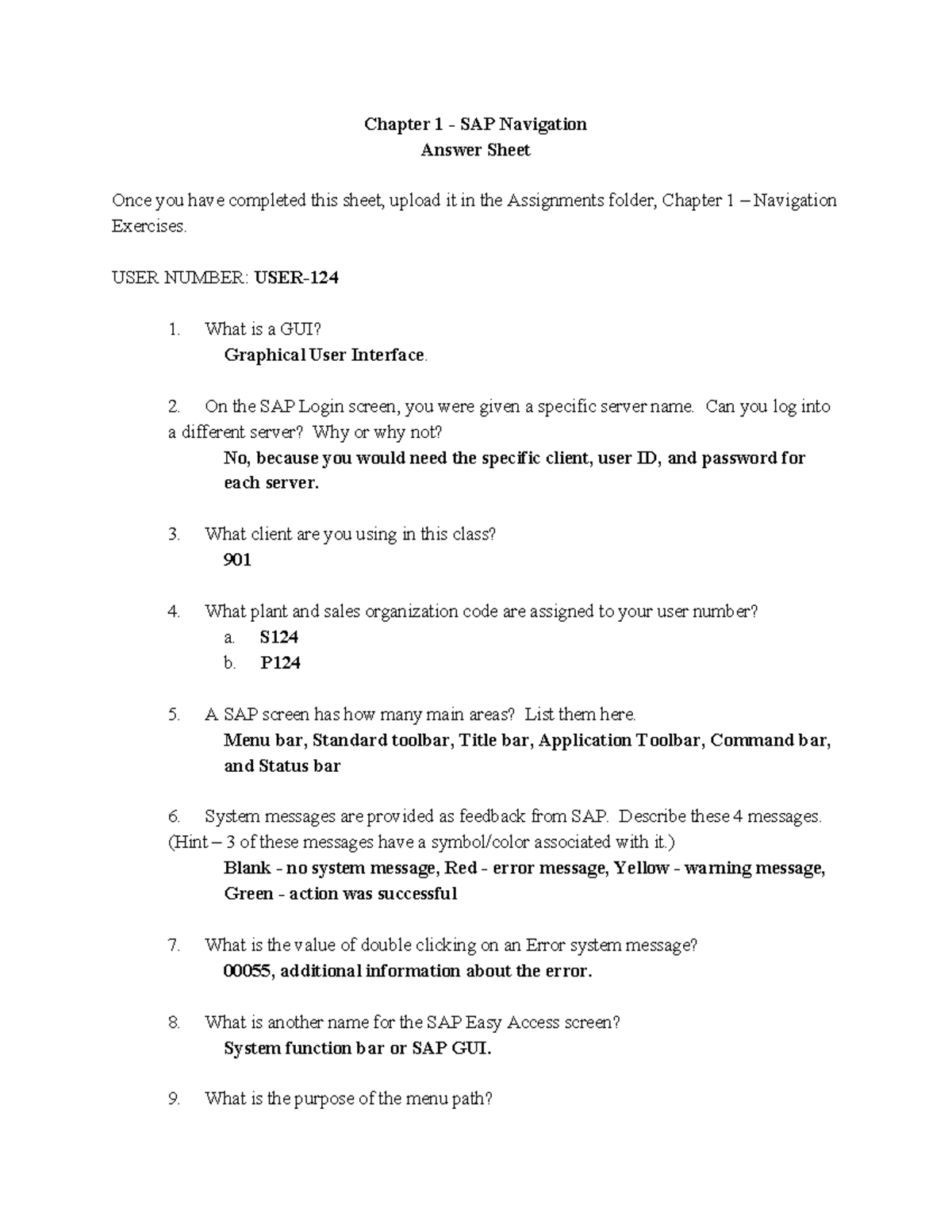 BUS 301 S - Chapter 1 Exercise - Chapter 1 - SAP Navigation Answer ...
