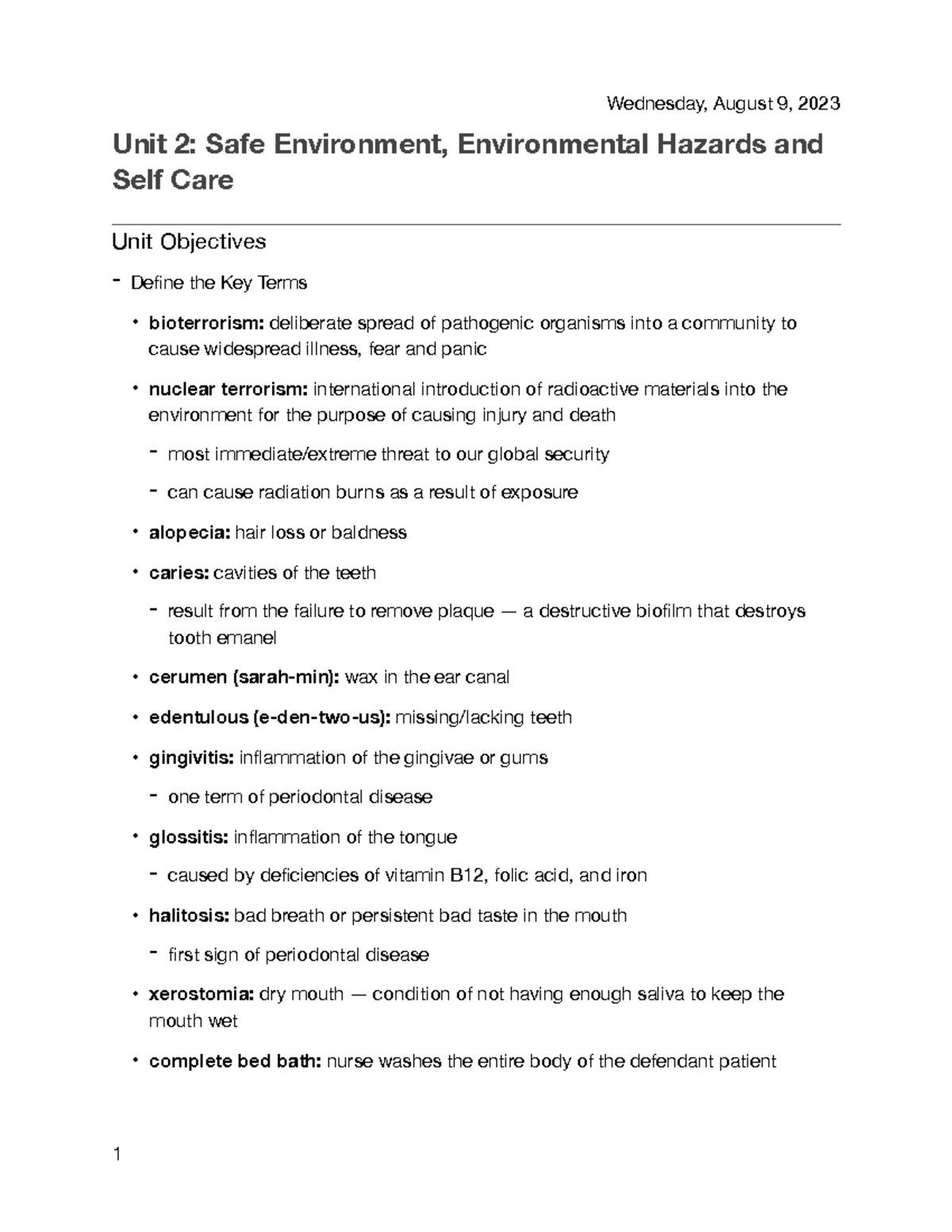 Unit 2 - Safe Environment, Environmental Hazards and Self Care ...