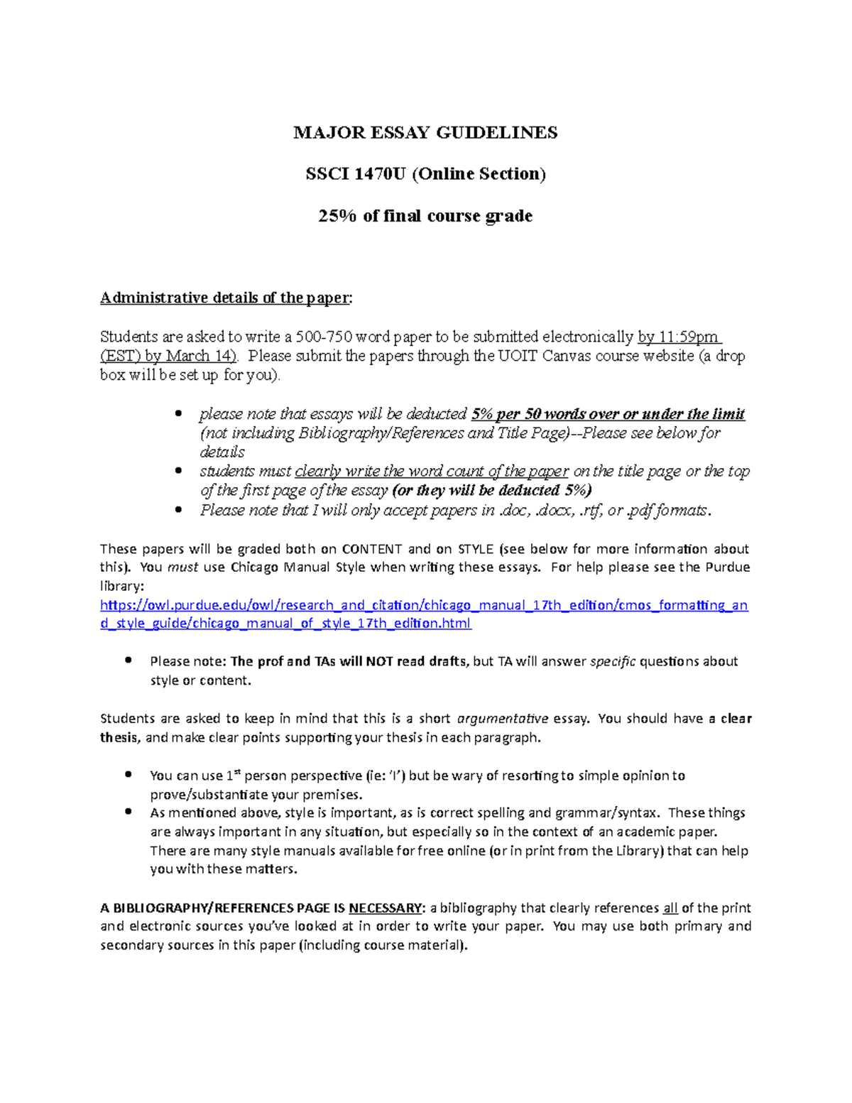 Impacts Major essay guidelines - MAJOR ESSAY GUIDELINES SSCI 1470U ...