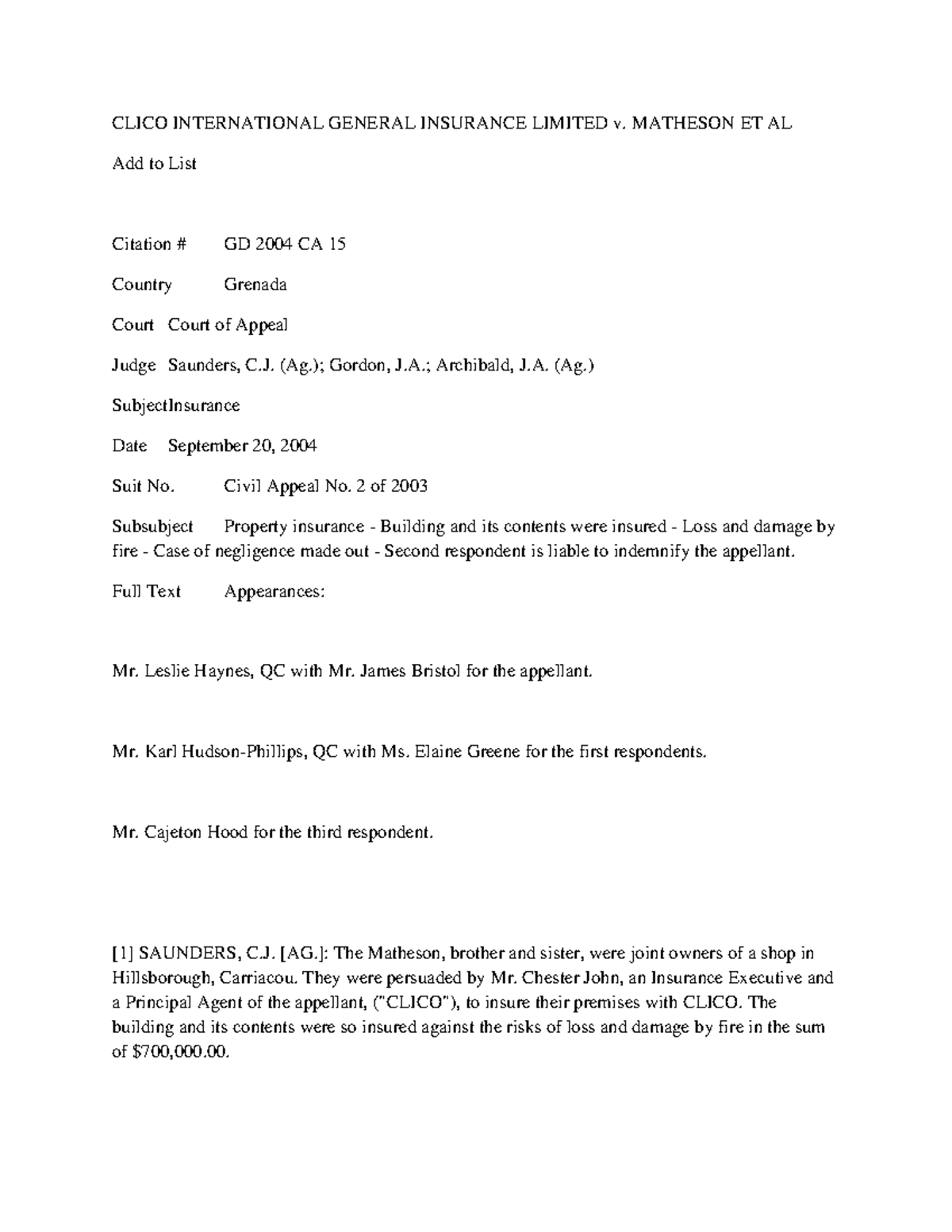 Clico International General Insurance Limited v Matheson ET AL - CLICO ...