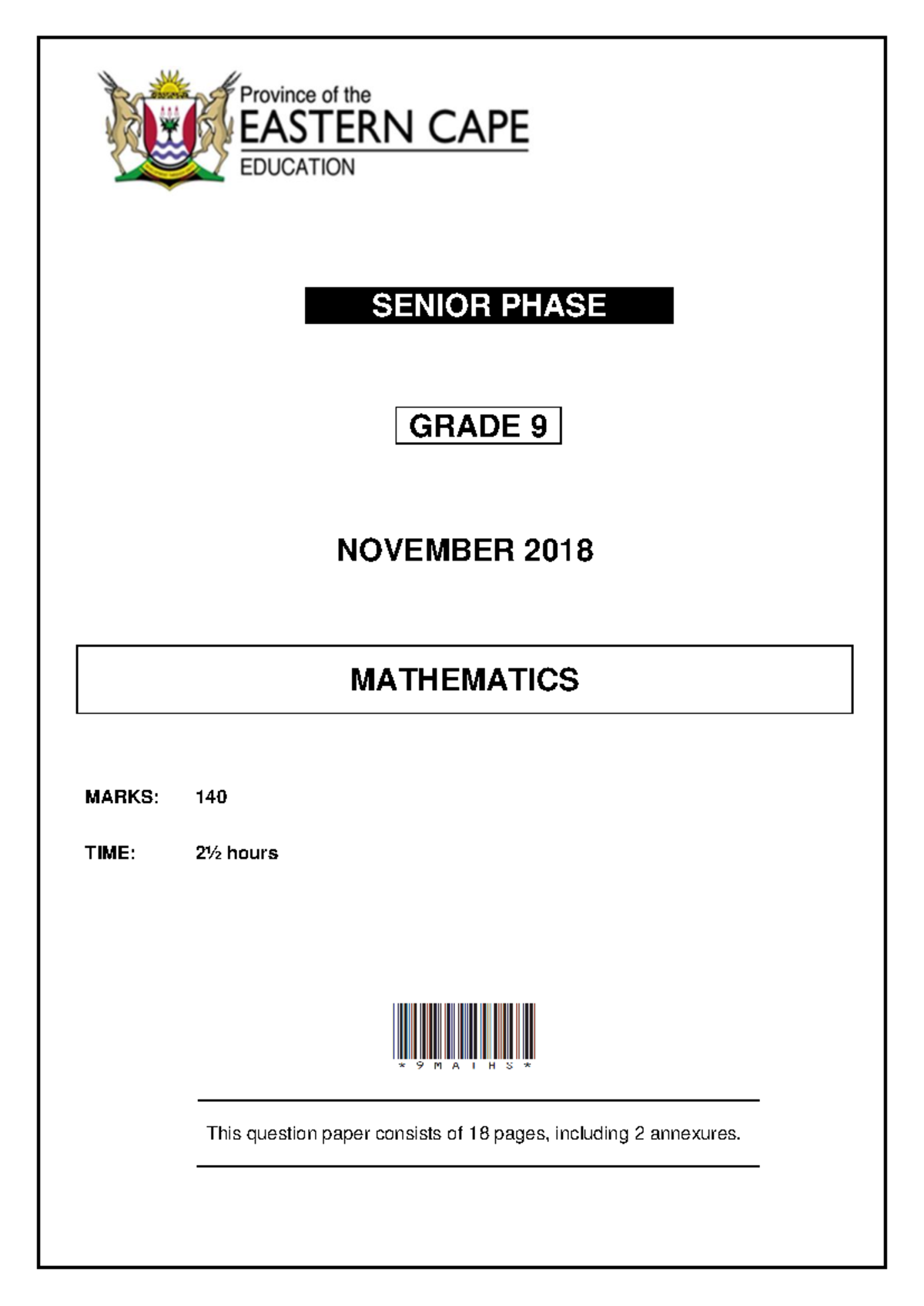 Maths QP GR9 NOV2018 English - SENIOR PHASE GRADE 9 NOVEMBER 2018 ...