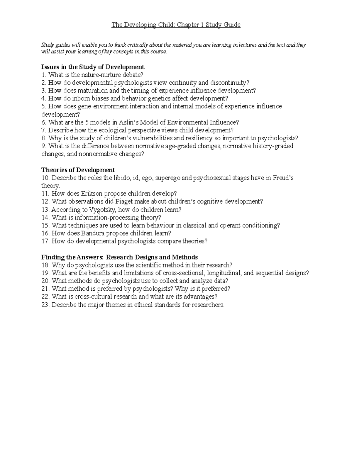 Chapter 1 - Study Guide - The Developing Child: Chapter 1 Study Guide ...
