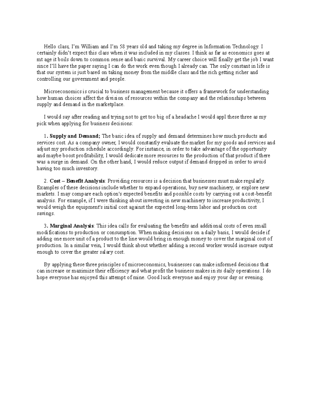 ECO 201 Module 1 Discussion Inintial Post - Hello class, I’m William ...