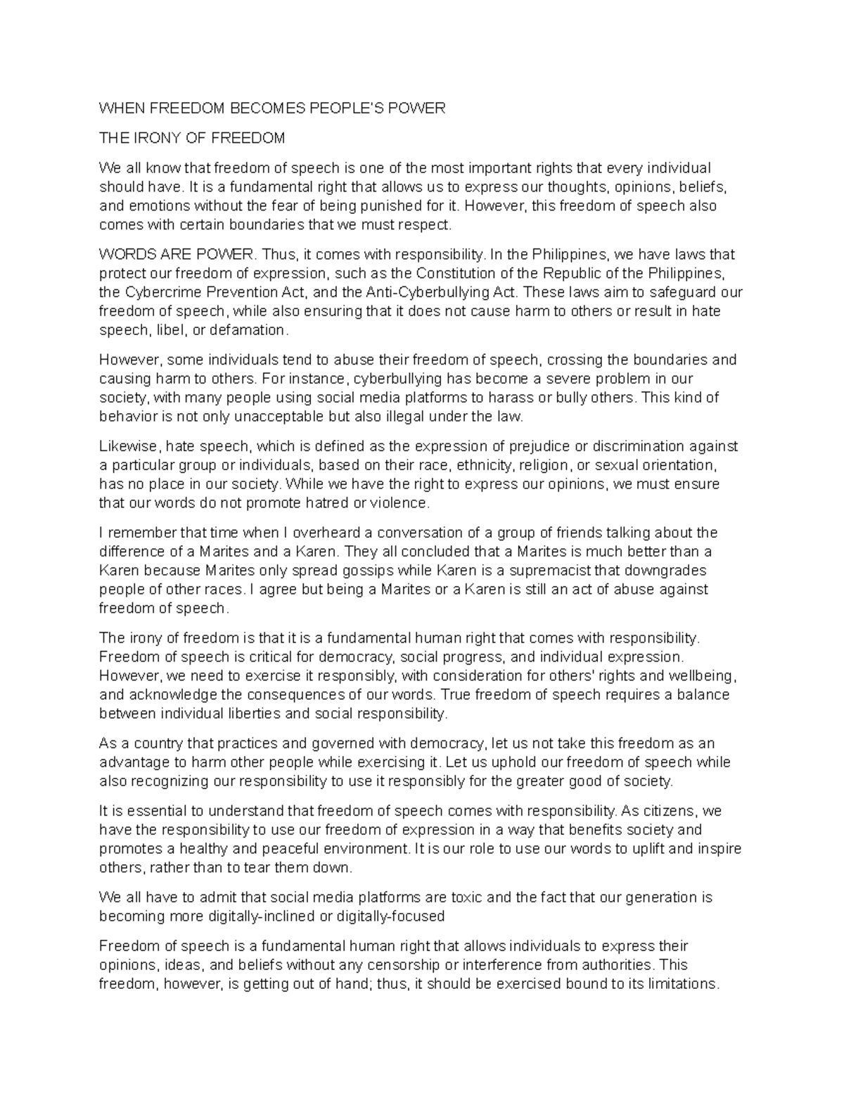 CA Persuasive - WHEN FREEDOM BECOMES PEOPLE’S POWER THE IRONY OF ...