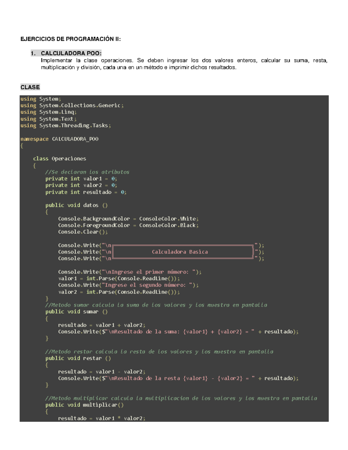 Programas OO C# - CALCULADORA BASICA EN PROGRAMACION OO - EJERCICIOS DE ...
