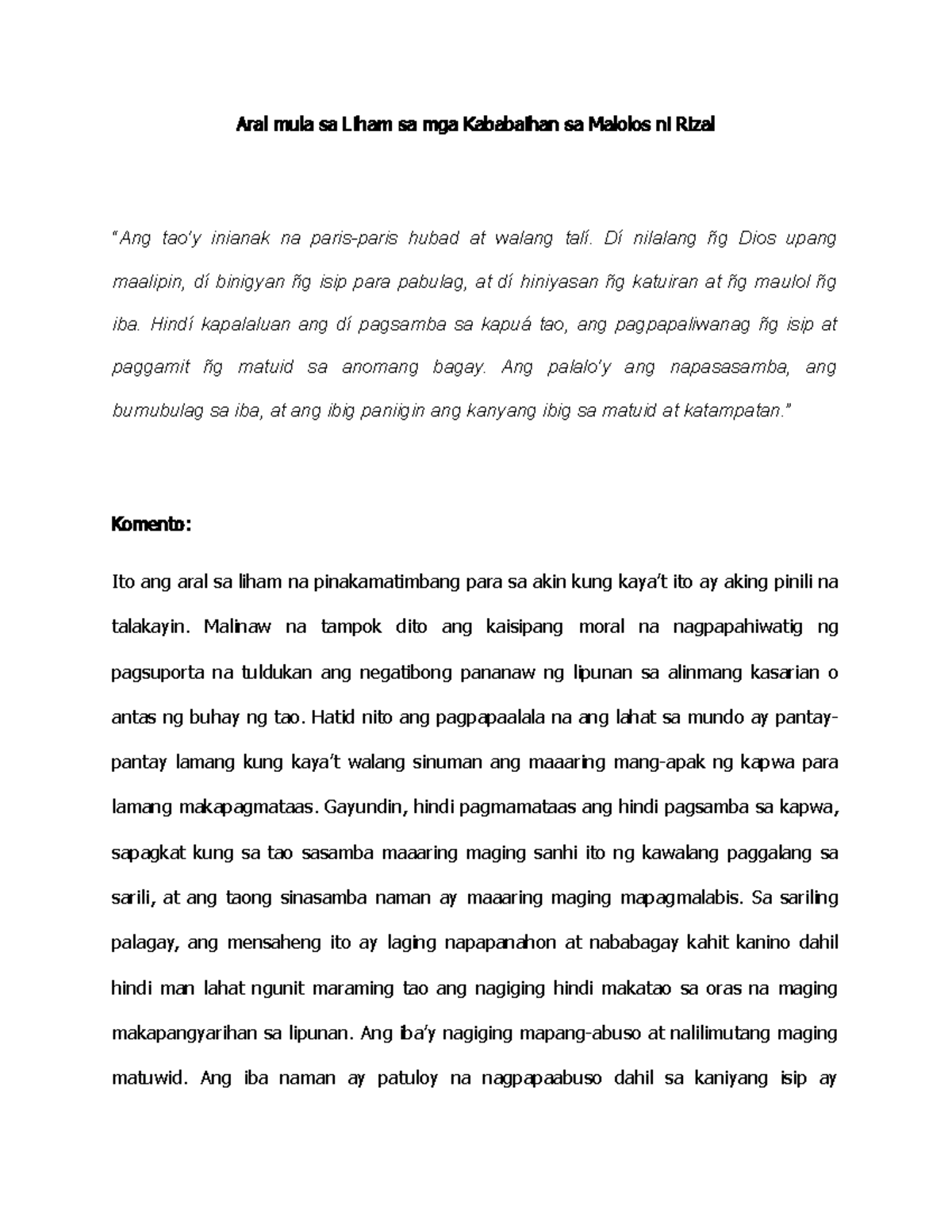 Aral mula sa Liham sa mga Kababaihan sa Malolos ni Rizal - Dí nilalang ...